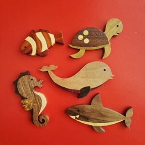Handmade Wood Intarsia Figures, Cute Sea Life Animals and Dinosaurs Set ...
