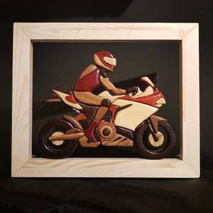 Wood Intarsia Motorcycle Rider Figure in Frame, Motorcycle, Rider, Wall ...