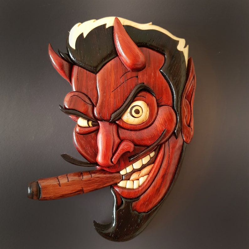 Red Devil Intarsia Pattern, Bold Wooden Mask Design, Dramatic Wall Art ...