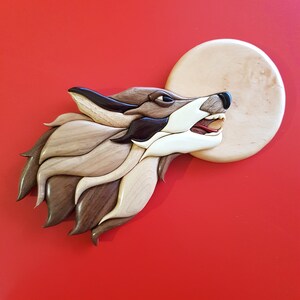 Howling Wolf Wood Intarsia Pattern for Wall Decor, Wooden Intarsia ...