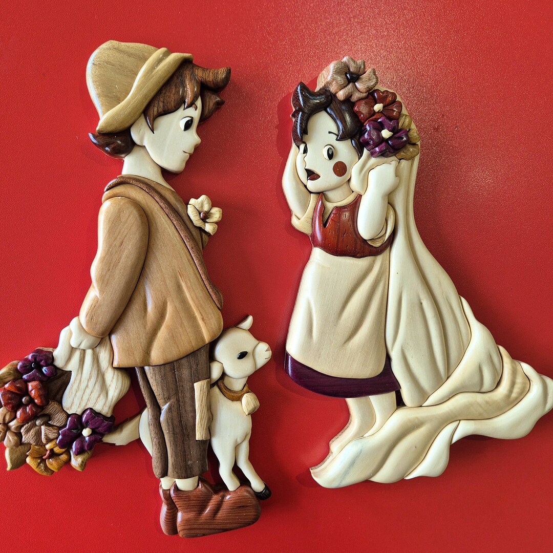 Whimsical Wood Wedding Intarsia Wall Art, Rustic Cartoon Couple Decor ...
