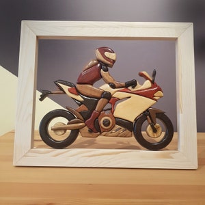 Wood Intarsia Motorcycle Rider Figure in Frame, Motorcycle, Rider, Wall ...