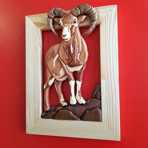 Rustic Framed Intarsia Goat, Handmade Wooden Ram Wall & Door Decor ...