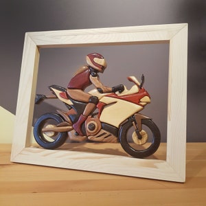 Wood Intarsia Motorcycle Rider Figure in Frame, Motorcycle, Rider, Wall ...
