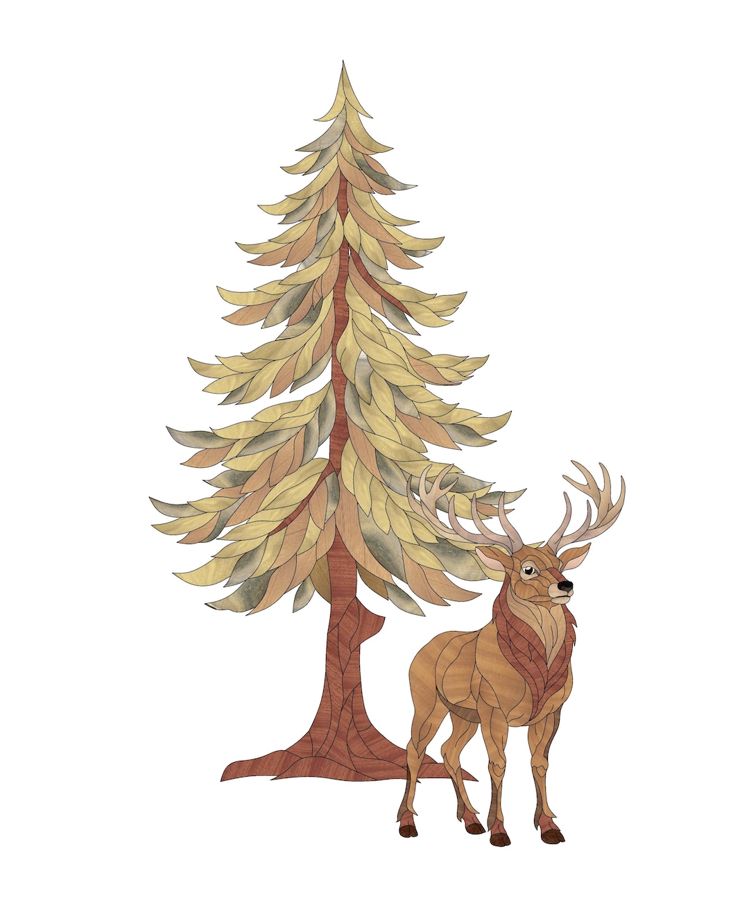 Deer and Pine Tree Wood Intarsia Pattern PDF, Forest Wildlife Wall Art ...