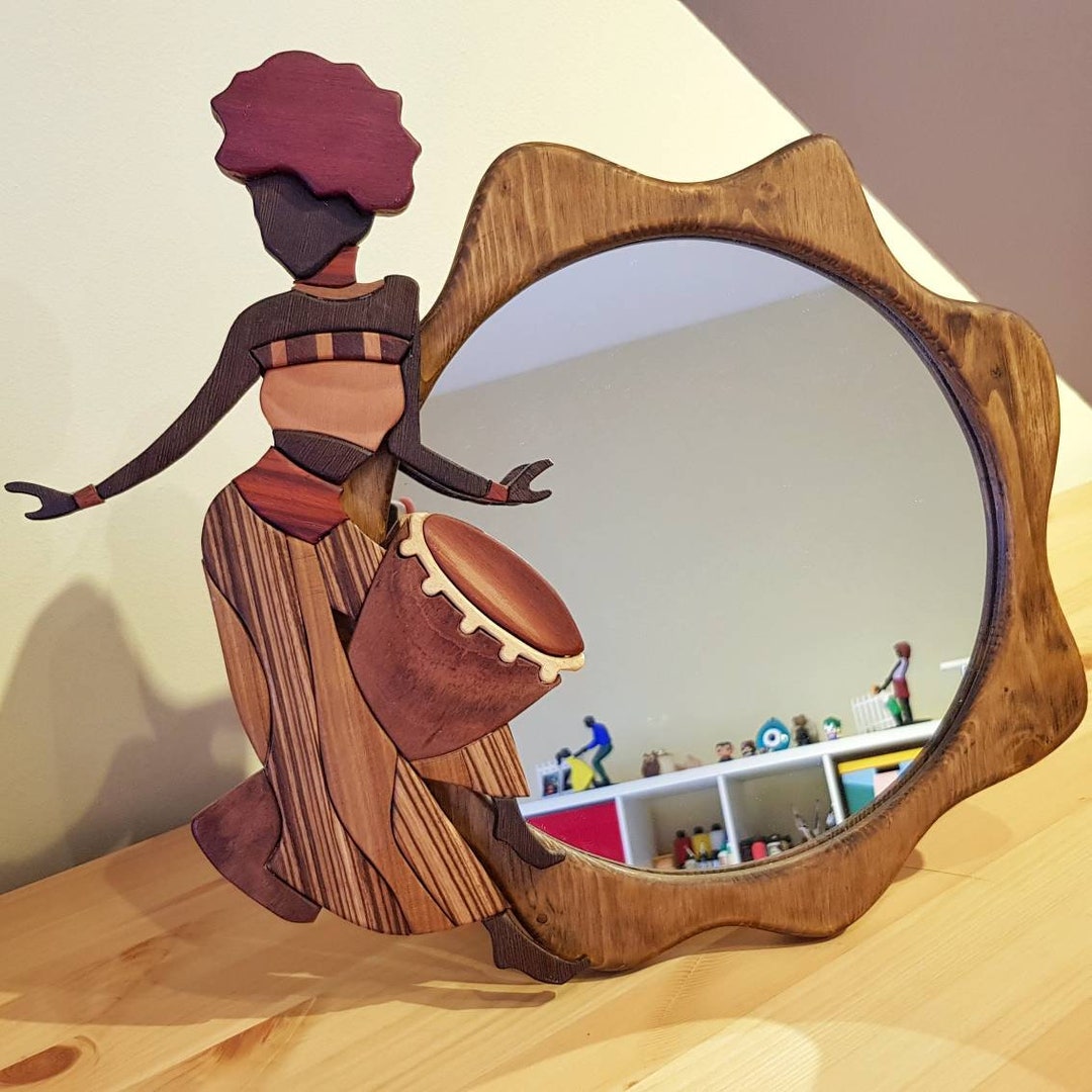 African Dancer Circle Mirror, Intarsia Wood Mirror, African Figurines ...