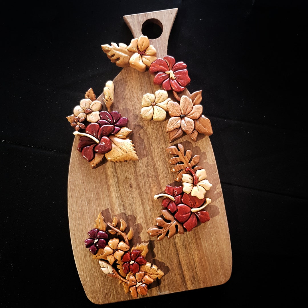 Intarsia Flower Wooden Serving Plate: Exotic Wood Floral Platter - Etsy