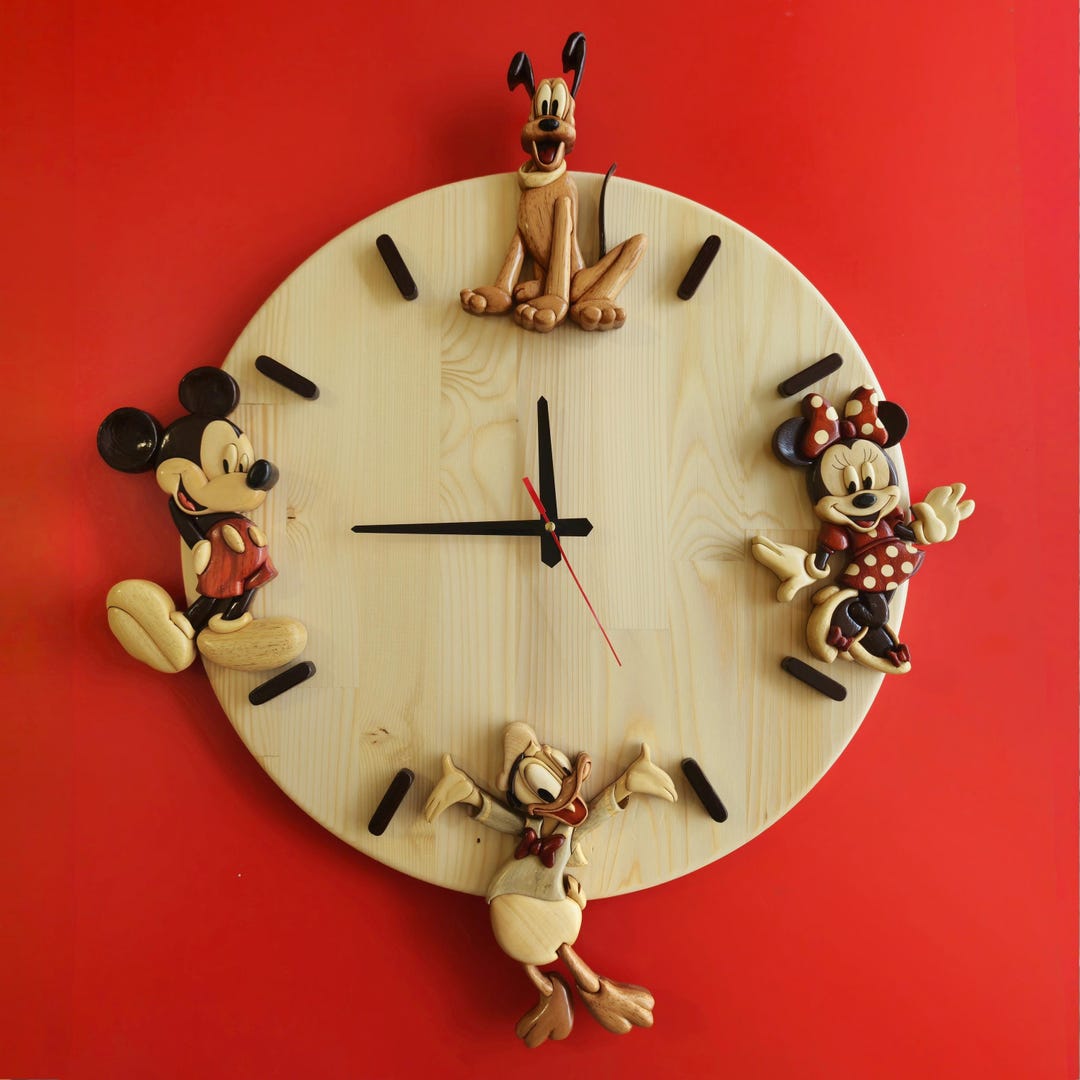 Handcrafted Wooden Intarsia Wall Clock, Cartoon Mouse Friends Design ...