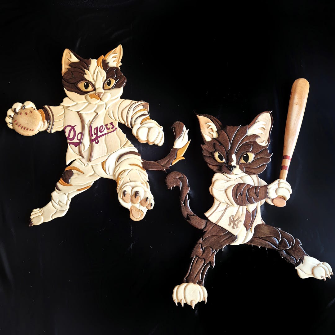 Handcrafted Intarsia Cats Playing Baseball Wall Art — Cartoon Sports ...