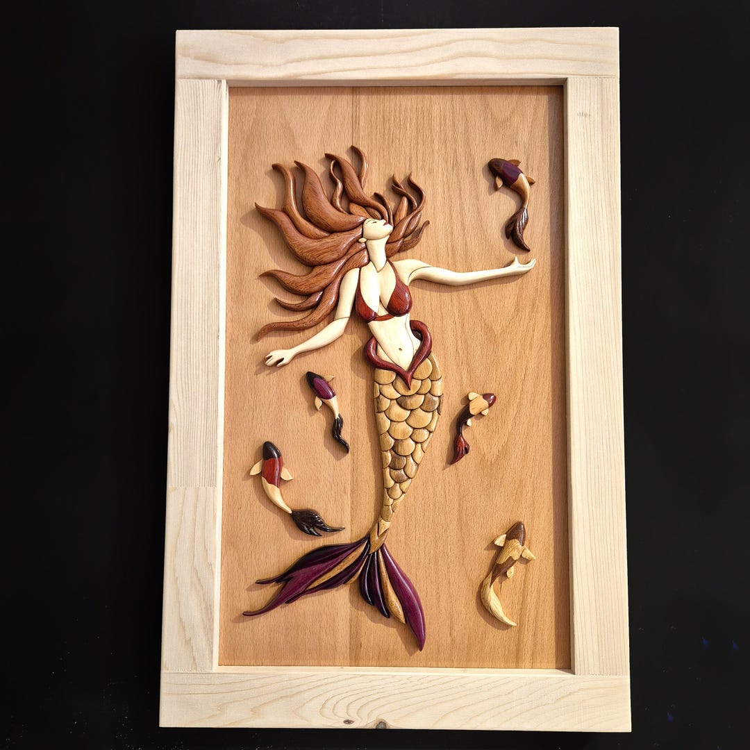 Mermaid Intarsia Pattern, Swimming With Fish, Beautiful Wall Art Design ...