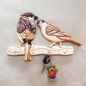 Sparrow Key Holder Intarsia Pattern, Wooden Bird Wall Hook Digital ...