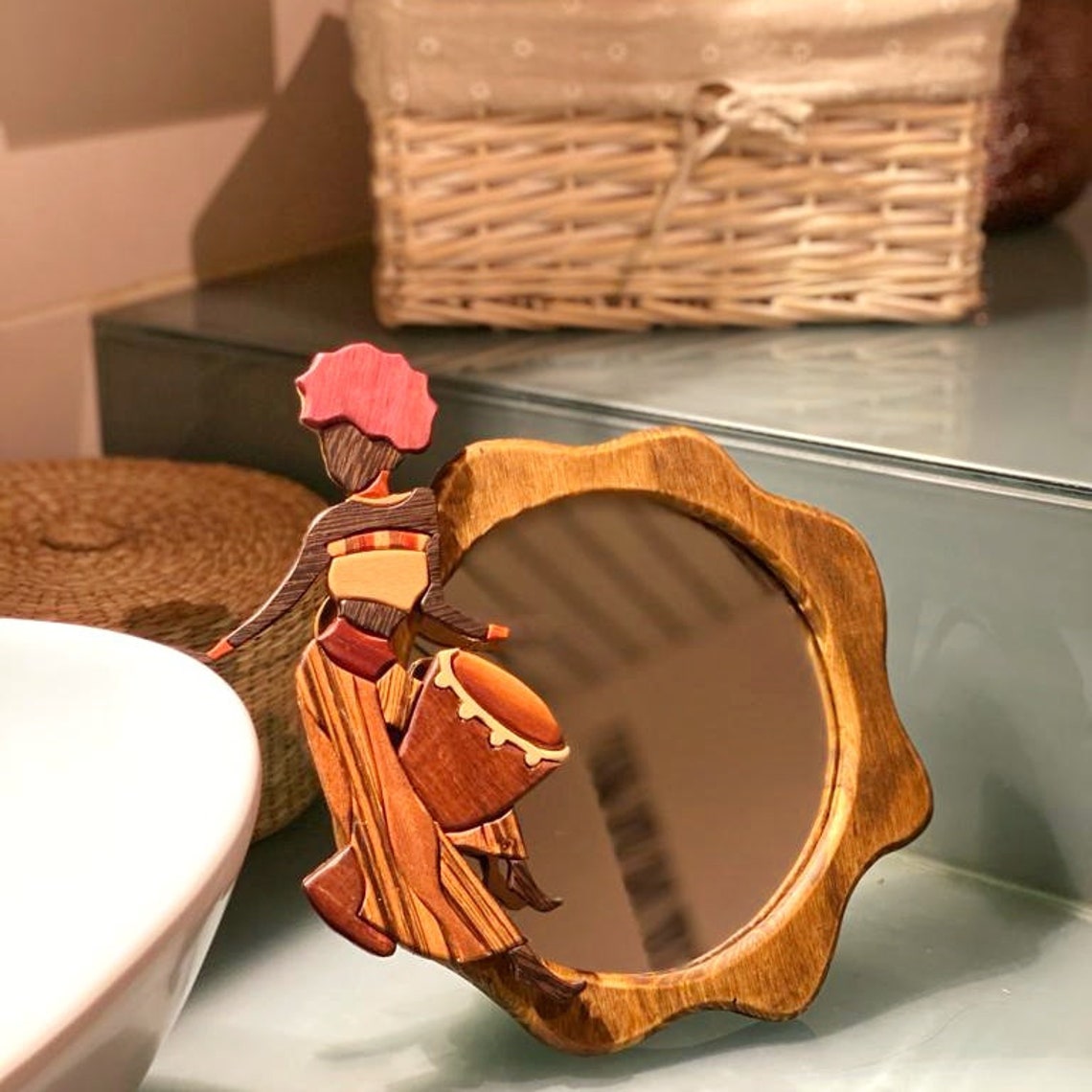 African Dancer Circle Mirror Intarsia Wood Mirror African - Etsy