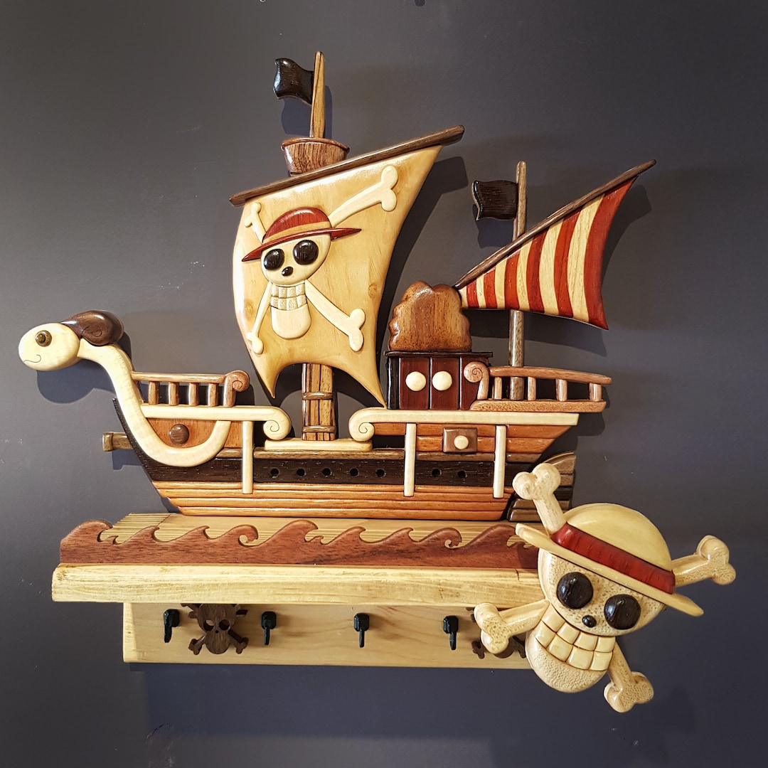 Handcrafted Intarsia Pirate Ship Shelf, Exotic Hardwood Nautical Wall ...
