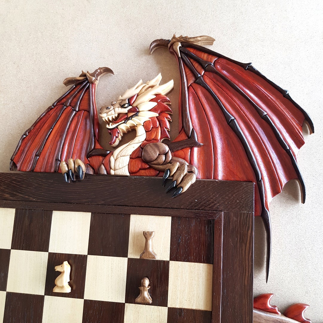 Handcrafted Intarsia Dragon Wall Chess Set, Magnetic Pieces, Legendary ...