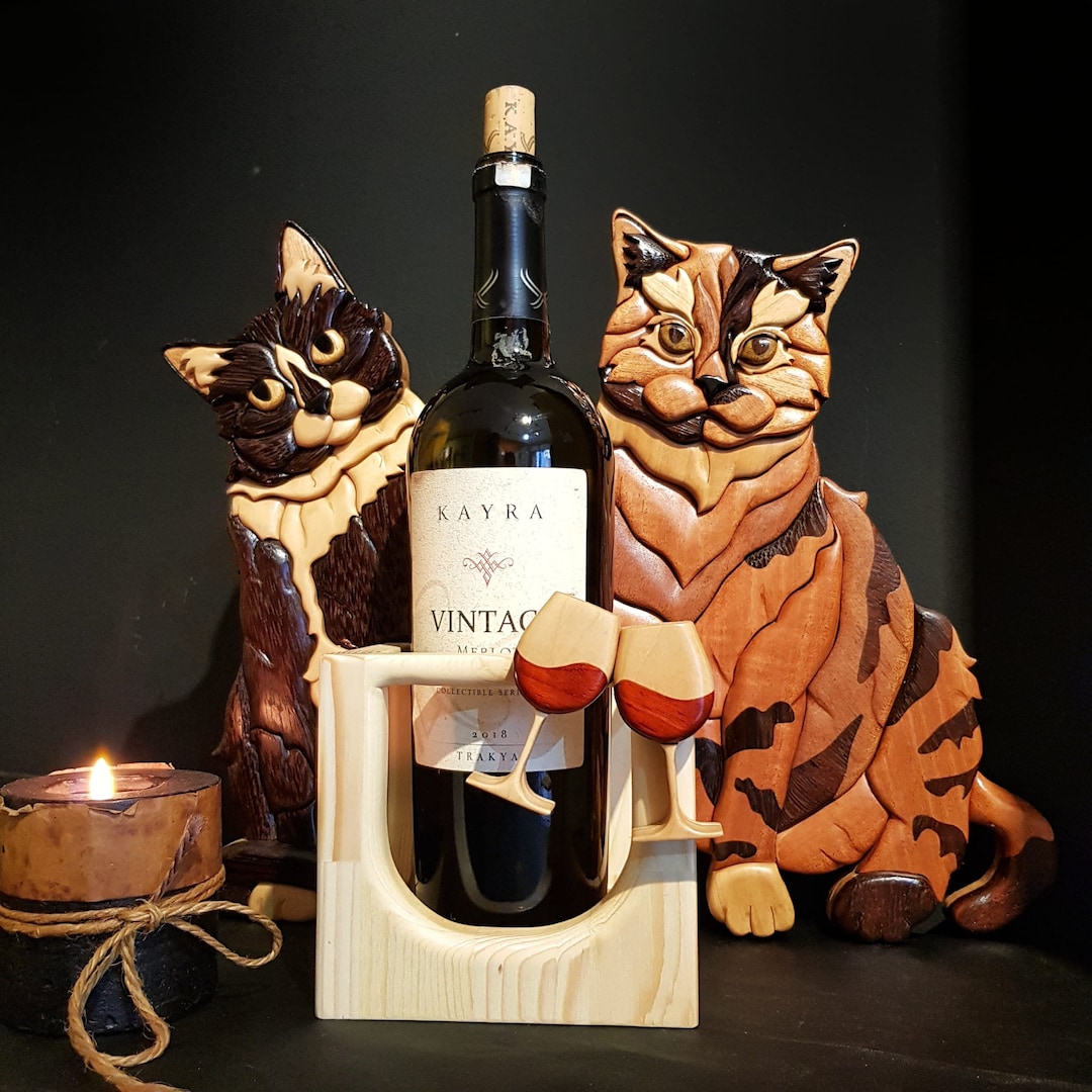 Black Cat, Brown Cat, Wine Bottle Holder, Wooden Intarsia Bottle Holder ...