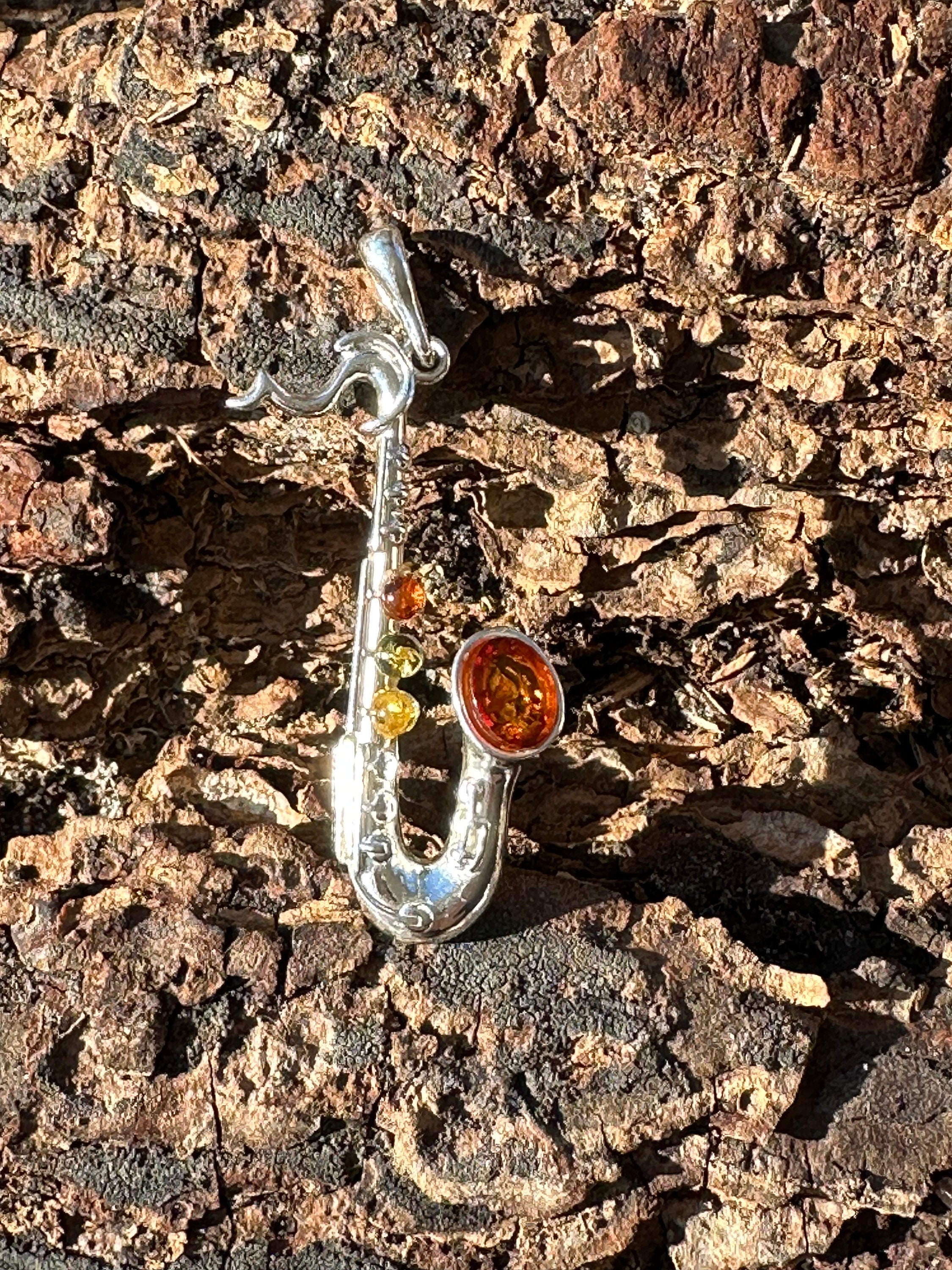 Amber Saxophone Pendant Set in Sterling Silver, Cognac Amber, Baltic ...
