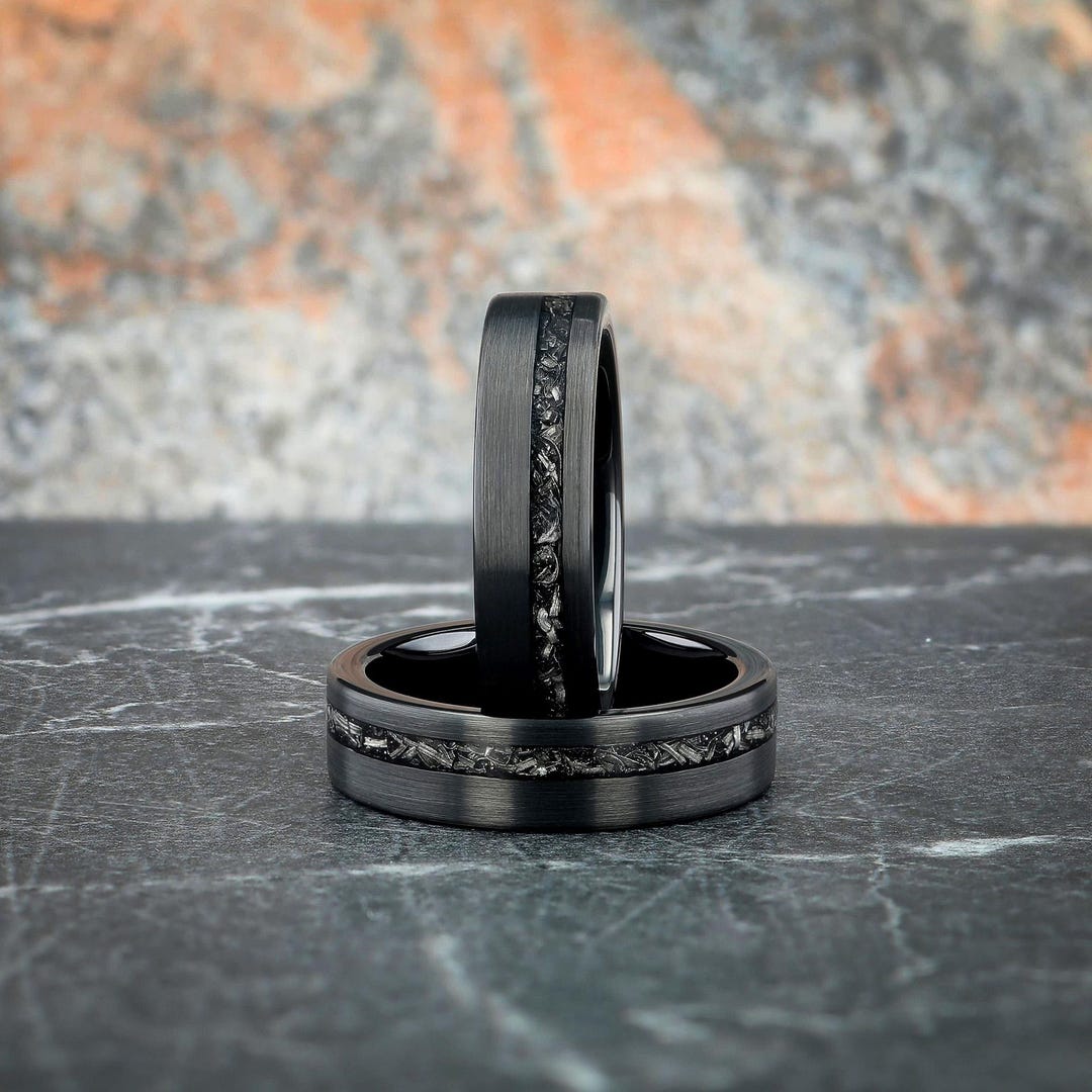 6mm Black Meteorite Men's Wedding Ring - Black Obsidian Men's Wedding ...