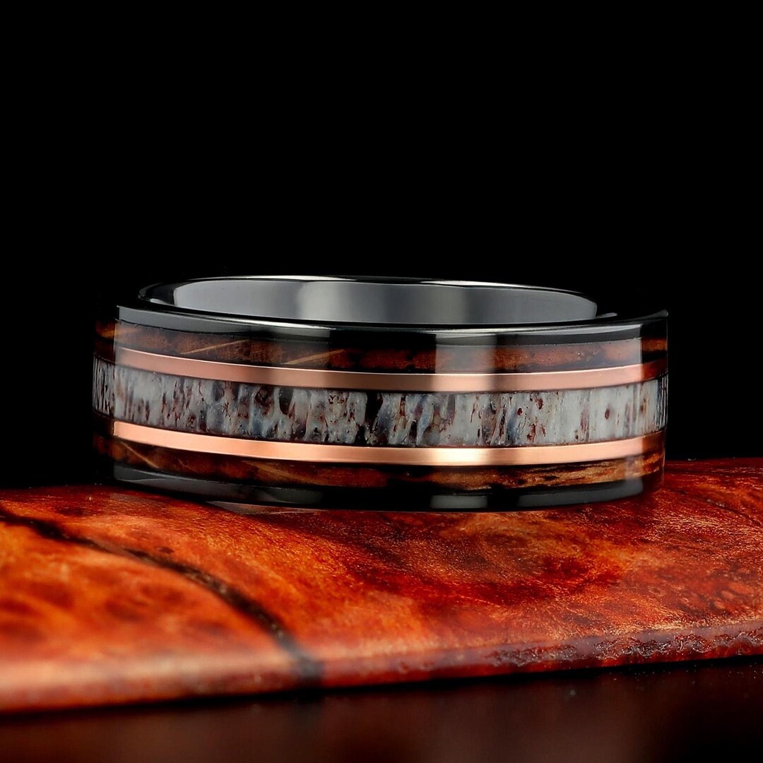 Antler Ring Charred Whiskey Barrel Wood, Mens Wedding Ring Black ...