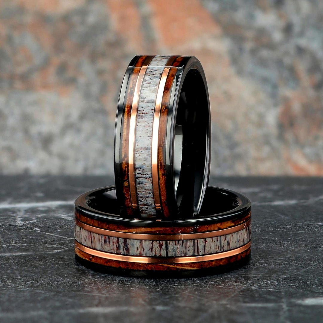 Charred Whiskey Barrel Wood Mens Wedding Ring Black Tungsten, Antler ...