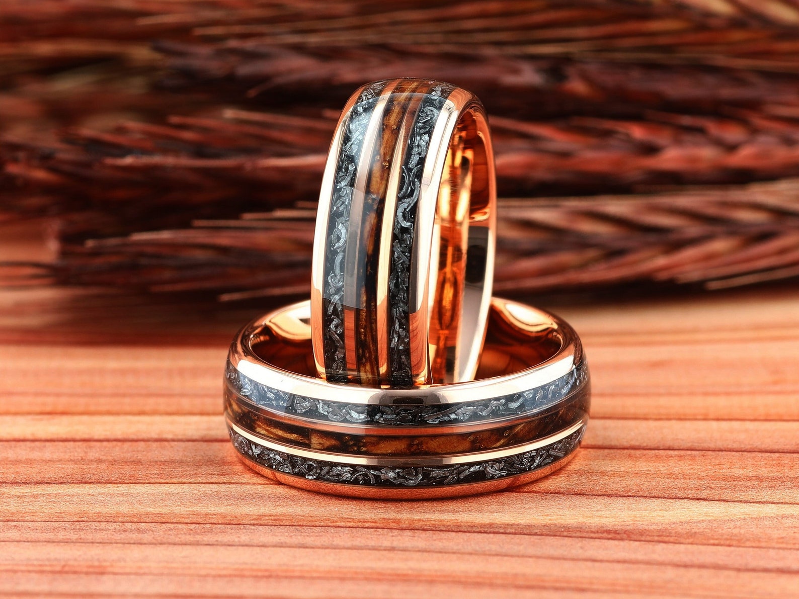 Mens Wedding Ring, Meteorite & Charred Whiskey Barrel Rose Gold ...