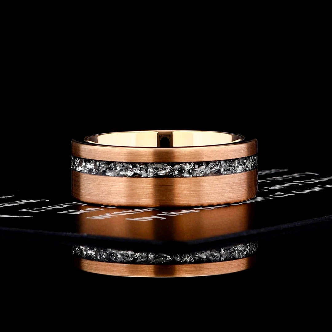 Rose Gold Brushed Meteorite Inlay Wedding Ring, Mens Wedding Band, 8mm ...