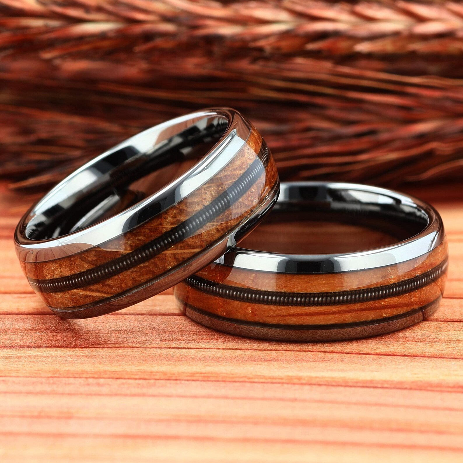 Guitar String Ring, Whiskey Barrel Wood Wedding Band, Tungsten Men ...