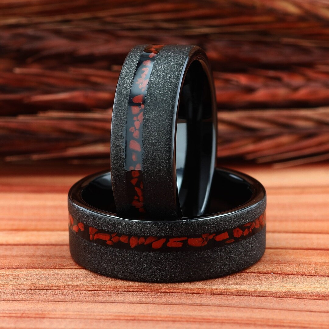 Dinosaur Bone Ring, Mens Wedding Ring, Sandblasted Black Tungsten Ring ...