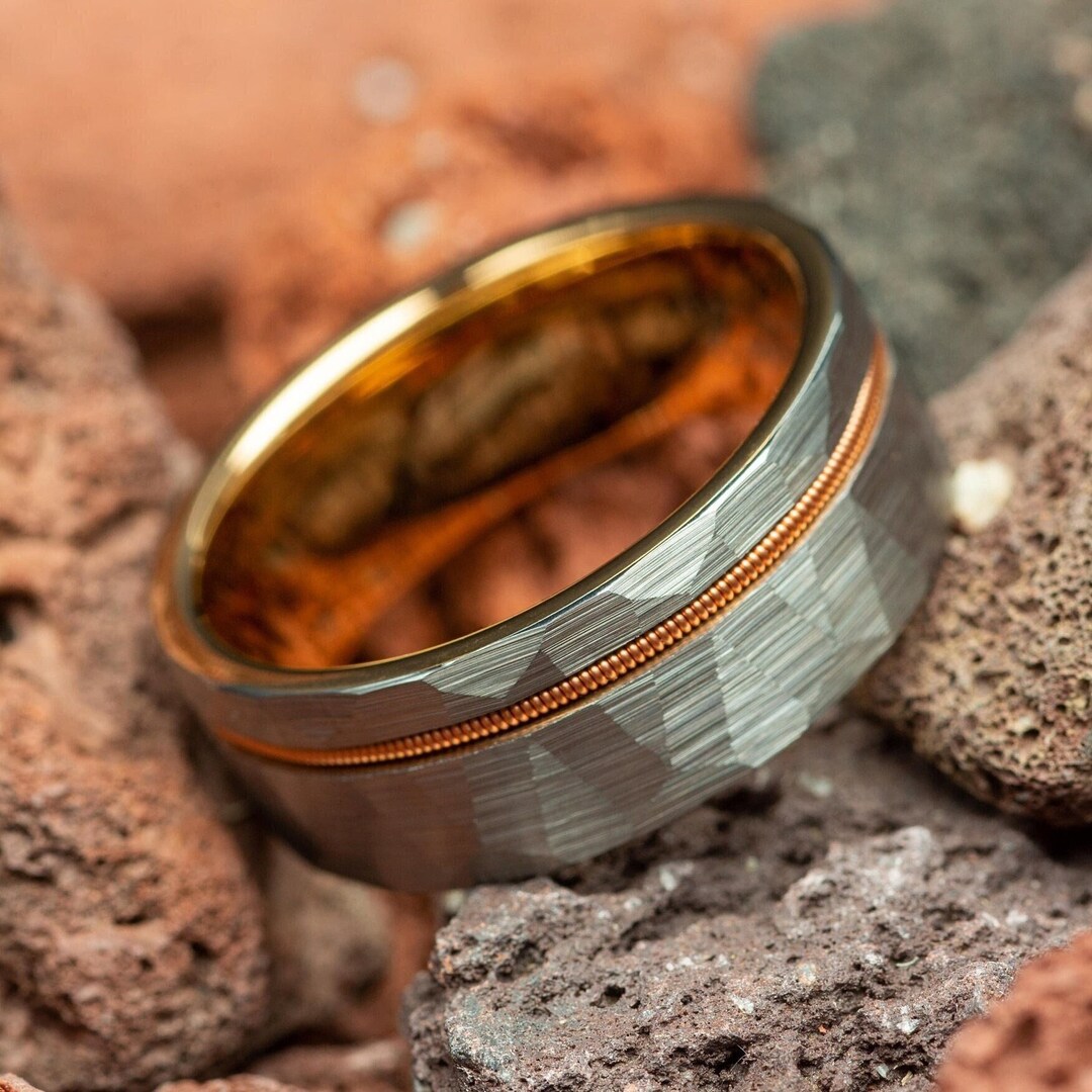Guitar String Ring, Brushed Hammered Tungsten Men's Wedding Ring, Men's ...