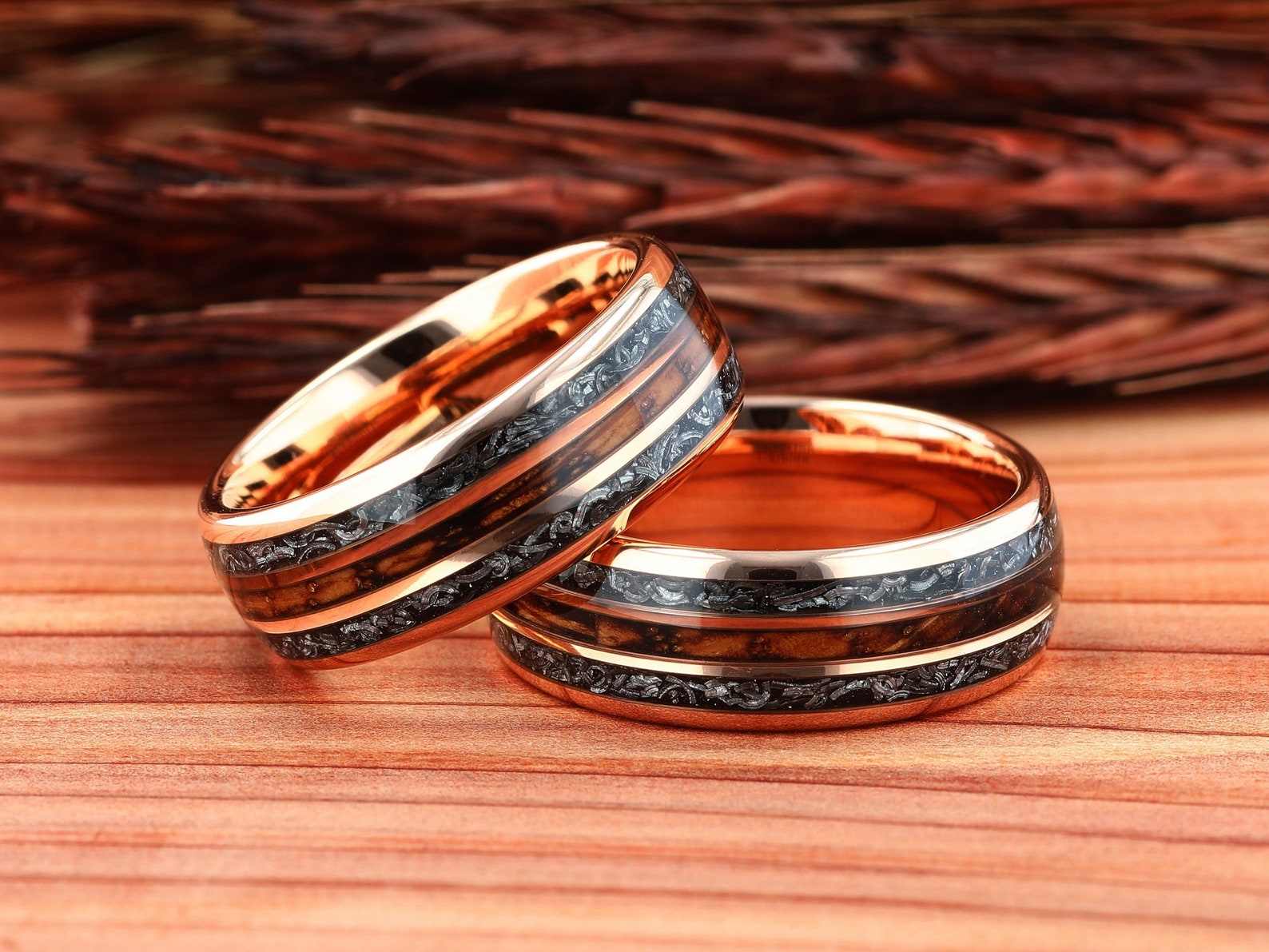 Mens Wedding Ring, Meteorite & Charred Whiskey Barrel Rose Gold ...