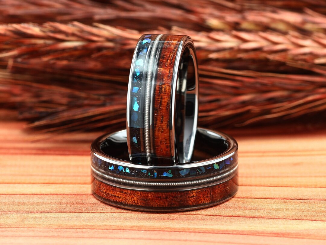 Guitar String Ring With Hawaiian Koa Wood and Abalone, Mens Wedding ...