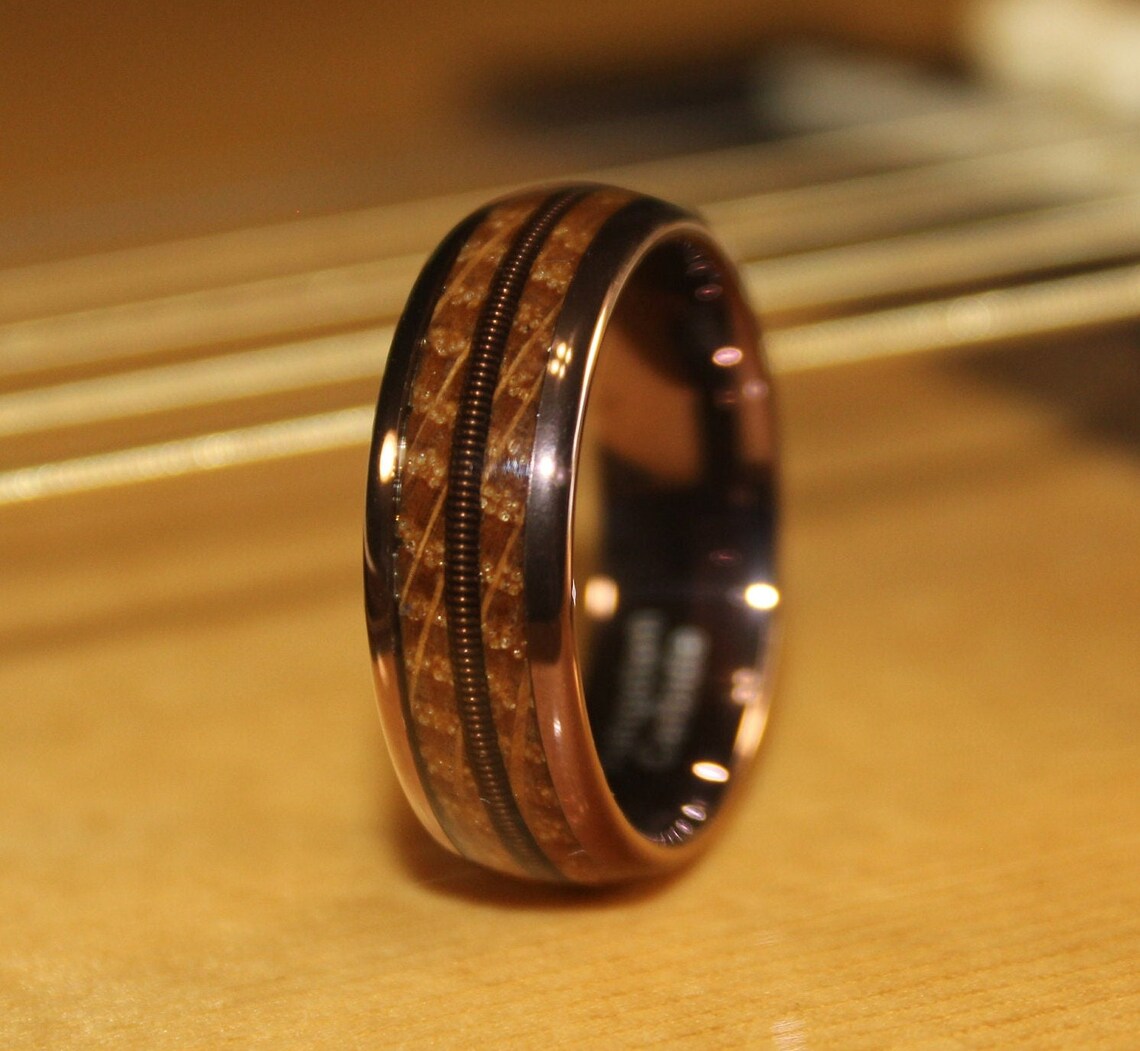 Guitar String Ring Whiskey Barrel Wood Band Tungsten - Etsy