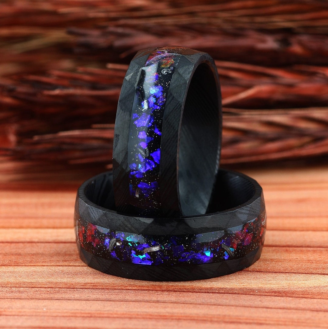 Mens Wedding Ring, Damascus Nebula & Meteorite Man Wedding Black Steel ...
