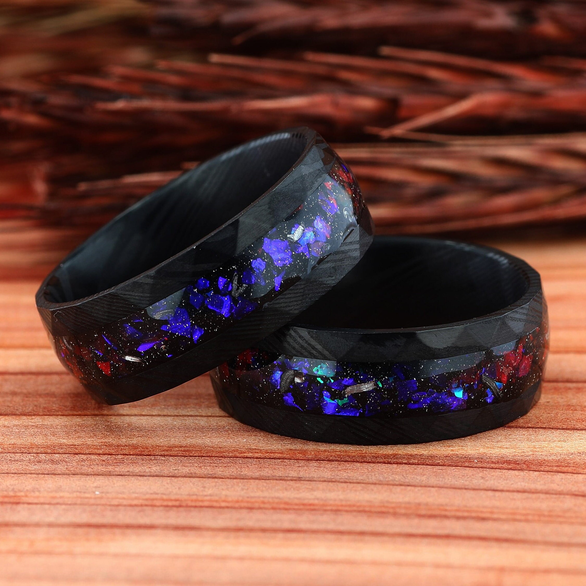Black Hammered Damascus Steel Ring With Meteorite and Galaxy Nebula ...