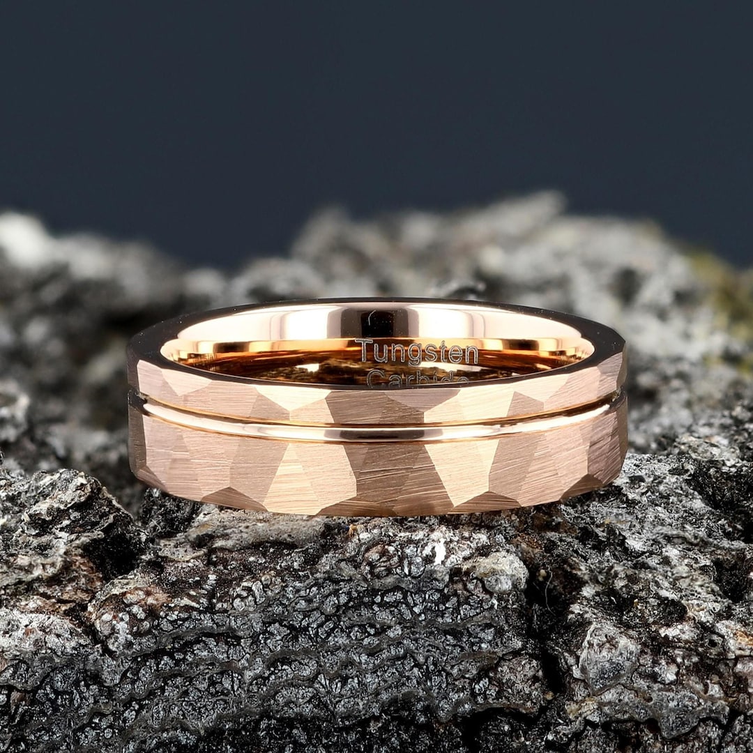Mens Rose Gold Hammered Tungsten Wedding Ring, 6mm Comfort Fit With ...