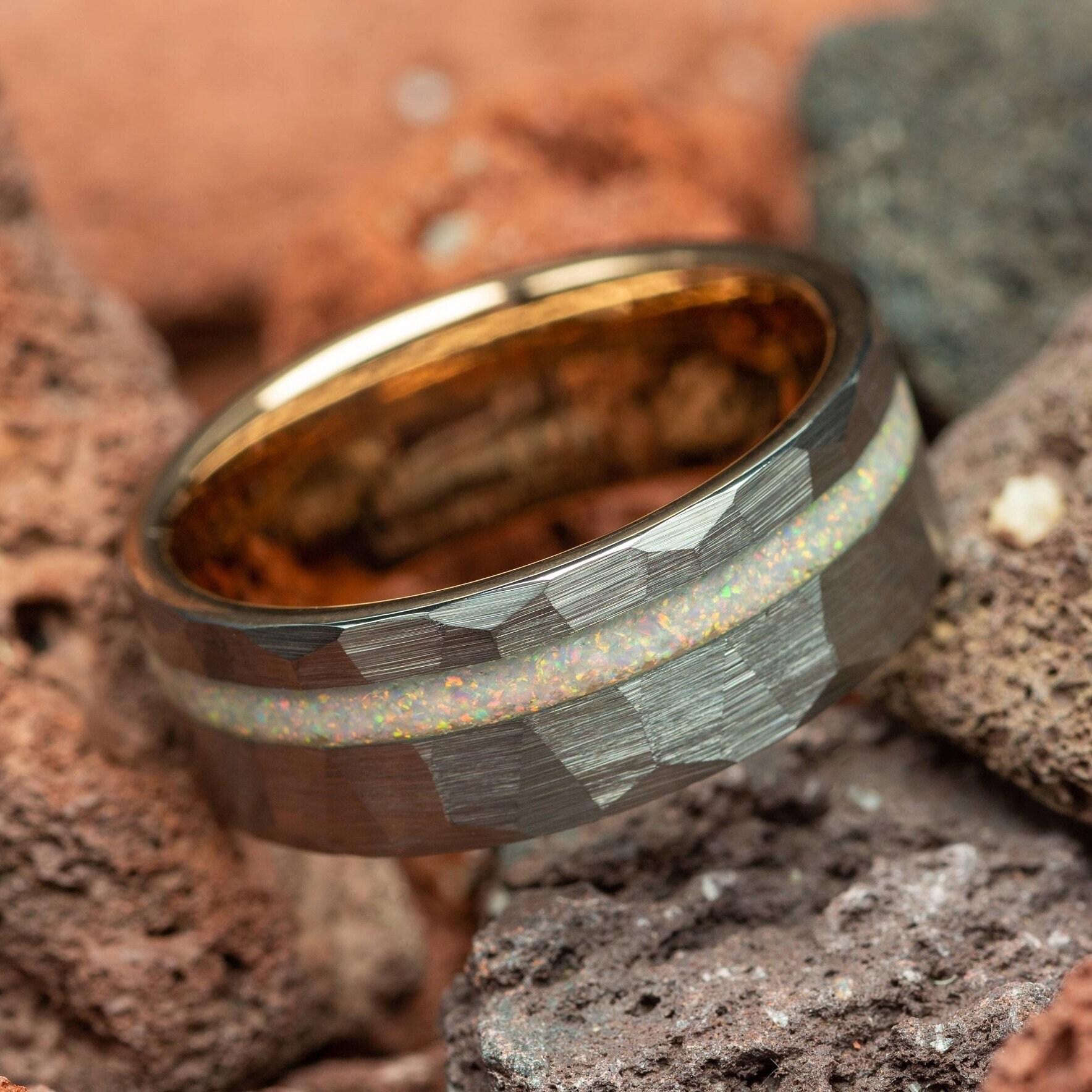 White Fire Opal Ring Wedding Ring Hammered Rose Gold - Etsy