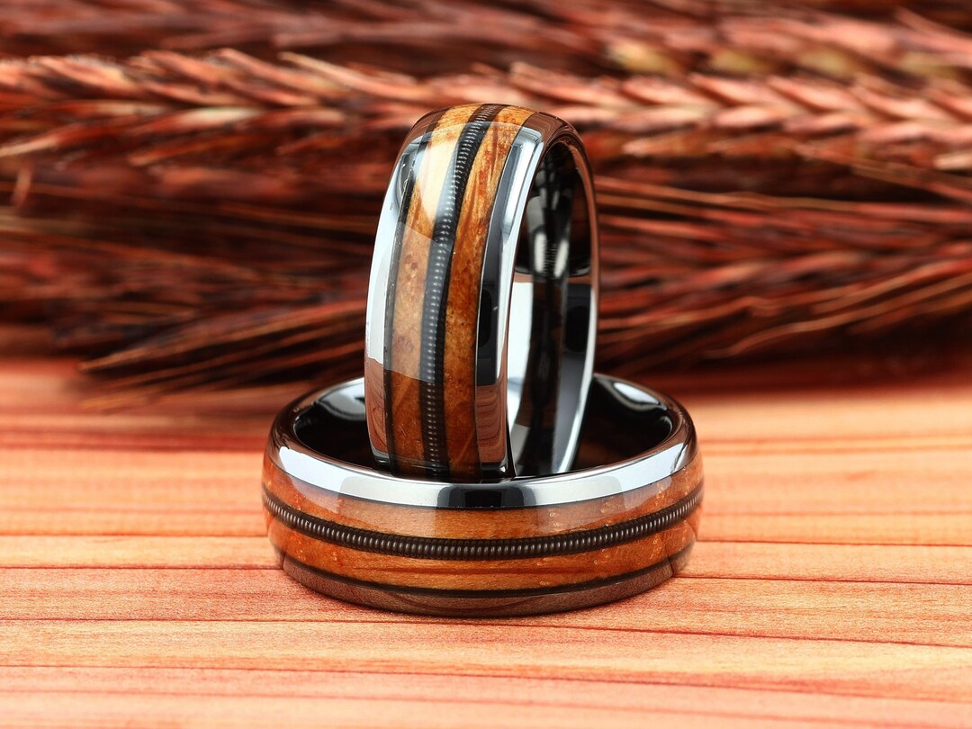 Guitar String Ring, Whiskey Barrel Wood Band, Tungsten Men Wedding Ring ...