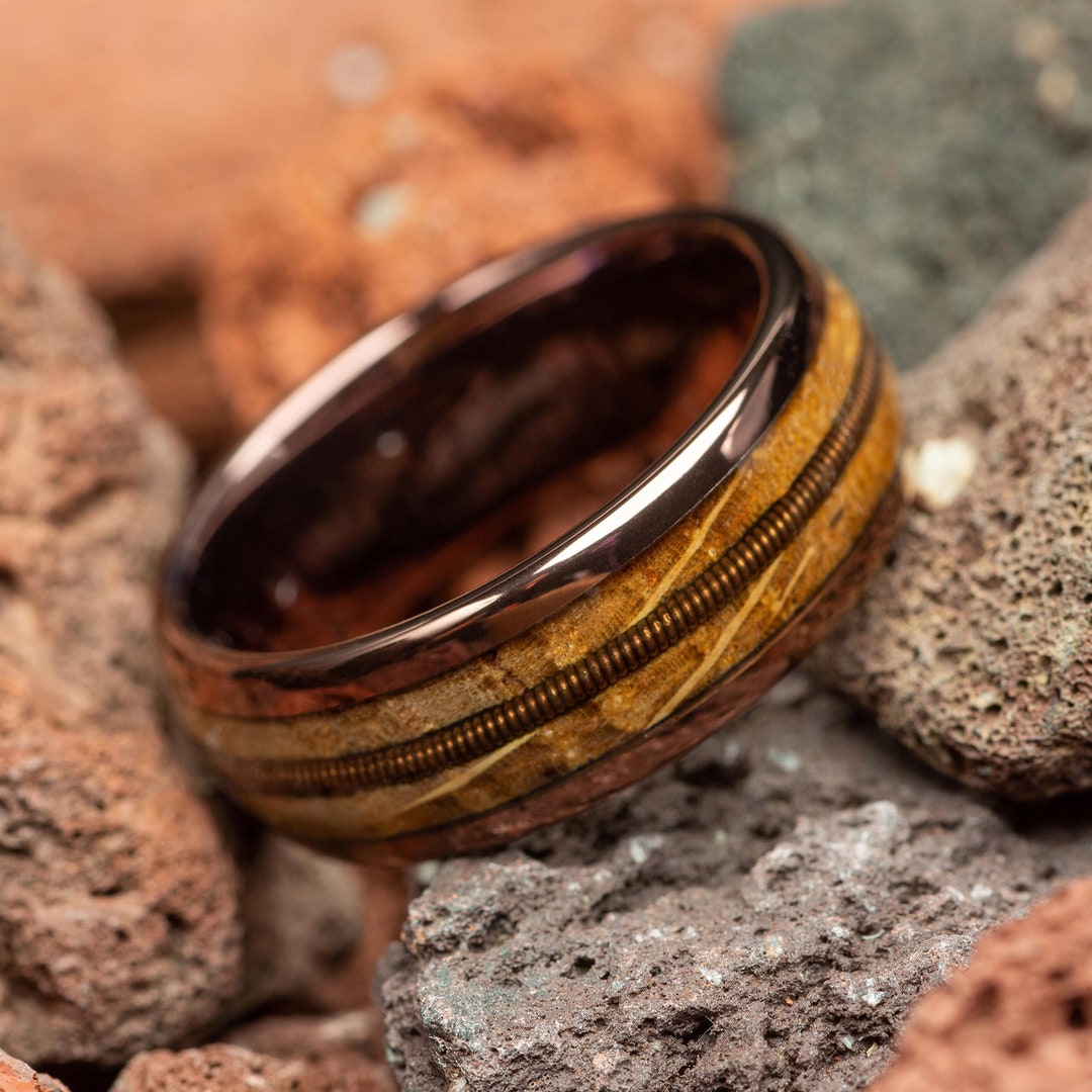 Guitar String Ring, Whiskey Barrel Wood Band, Tungsten Men's Wedding ...