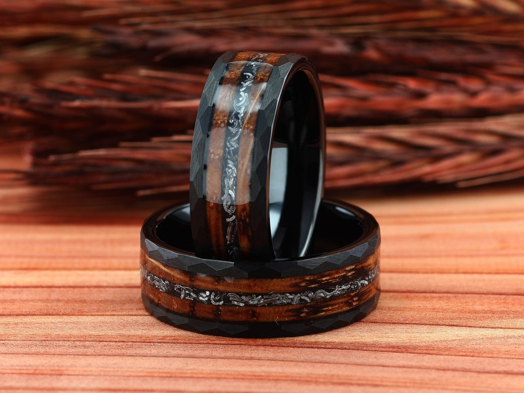 Hammered Meteorite & Charred Whiskey Barrel Ring, Black Tungsten Ring ...
