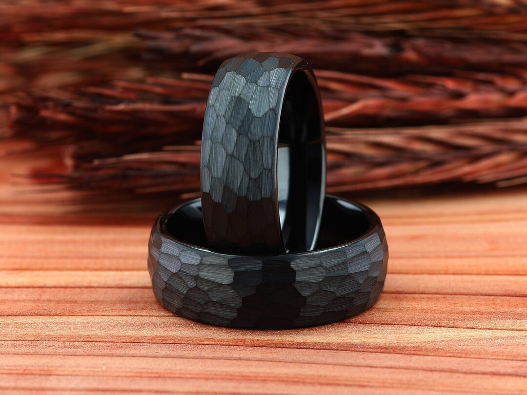 Black Obsidian Hammered Tungsten Mens Wedding Ring in 8mm Width, Black ...