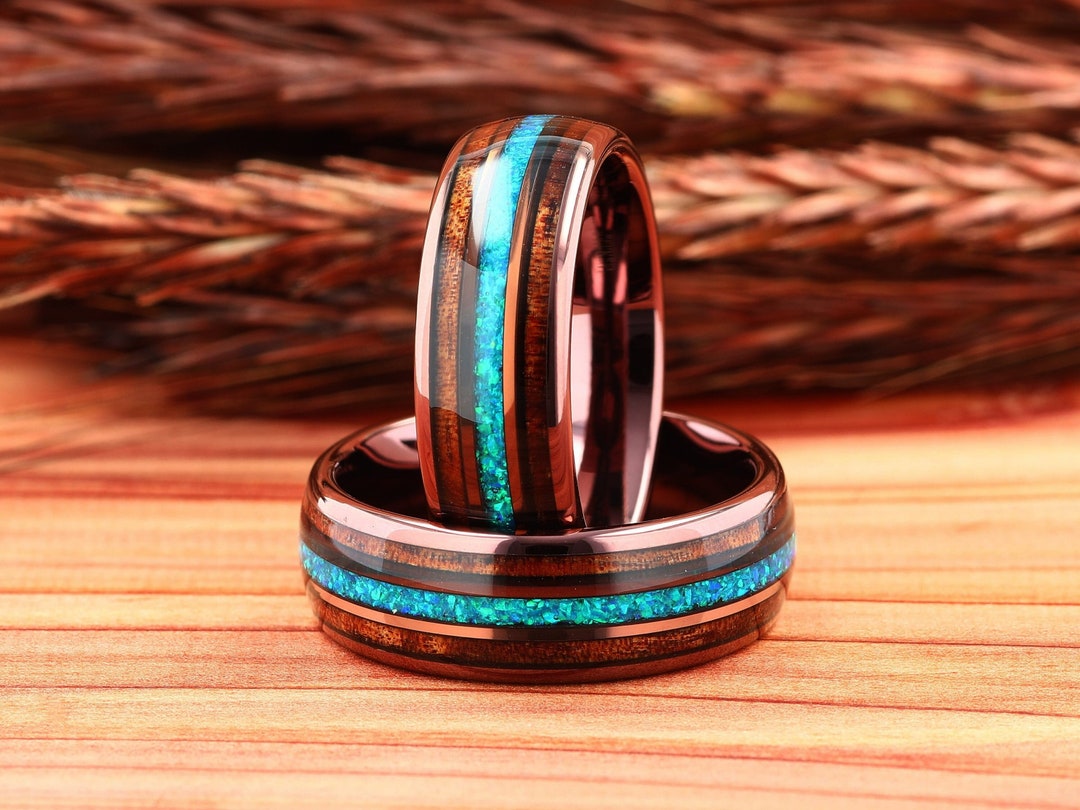 Opal & Hawaiian Koa Wood Mens Wedding Ring Coffee Tungsten, Opal Wood ...