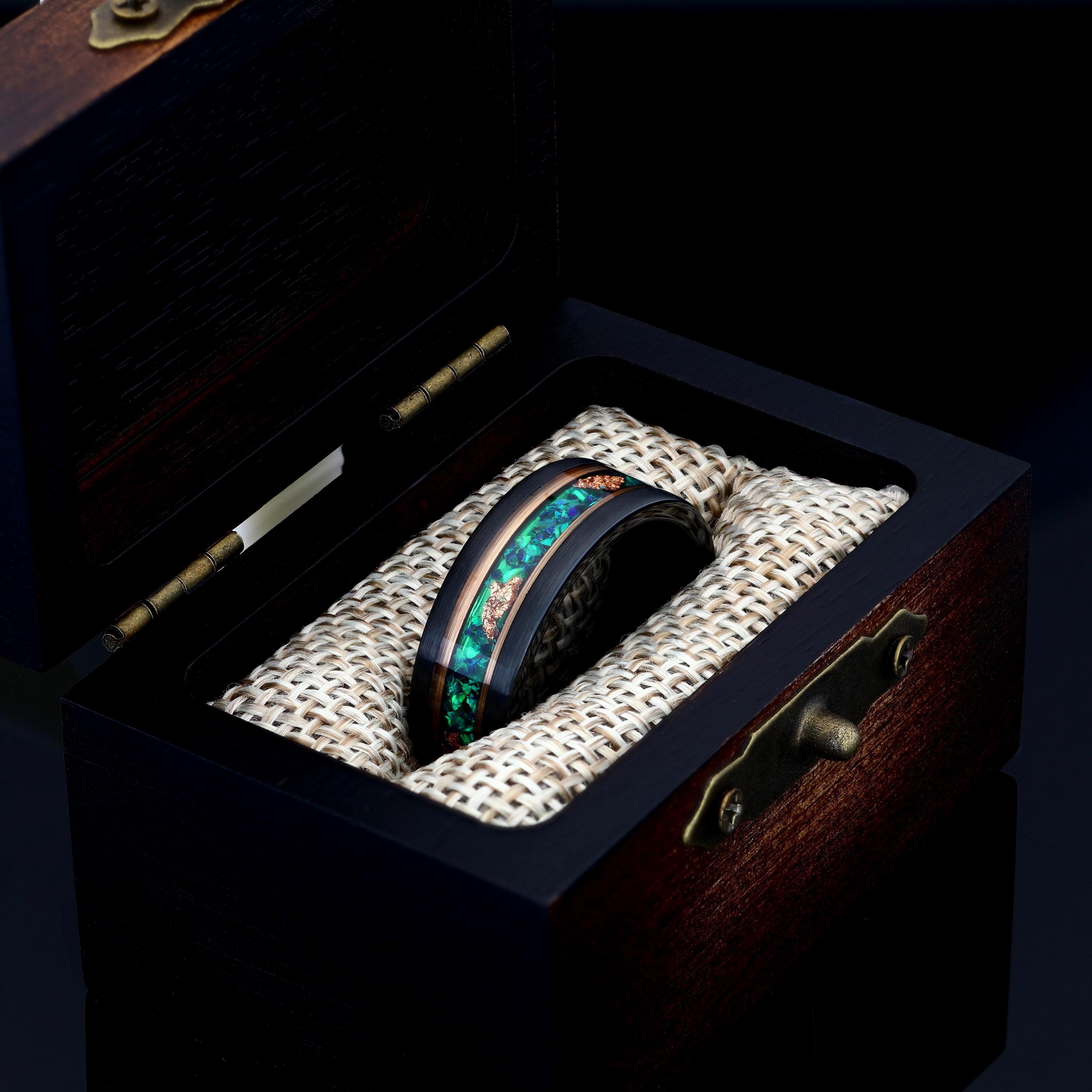 Opal Mens Wedding Band Black Tungsten Rose Gold Strips & Leaf, Peacock ...