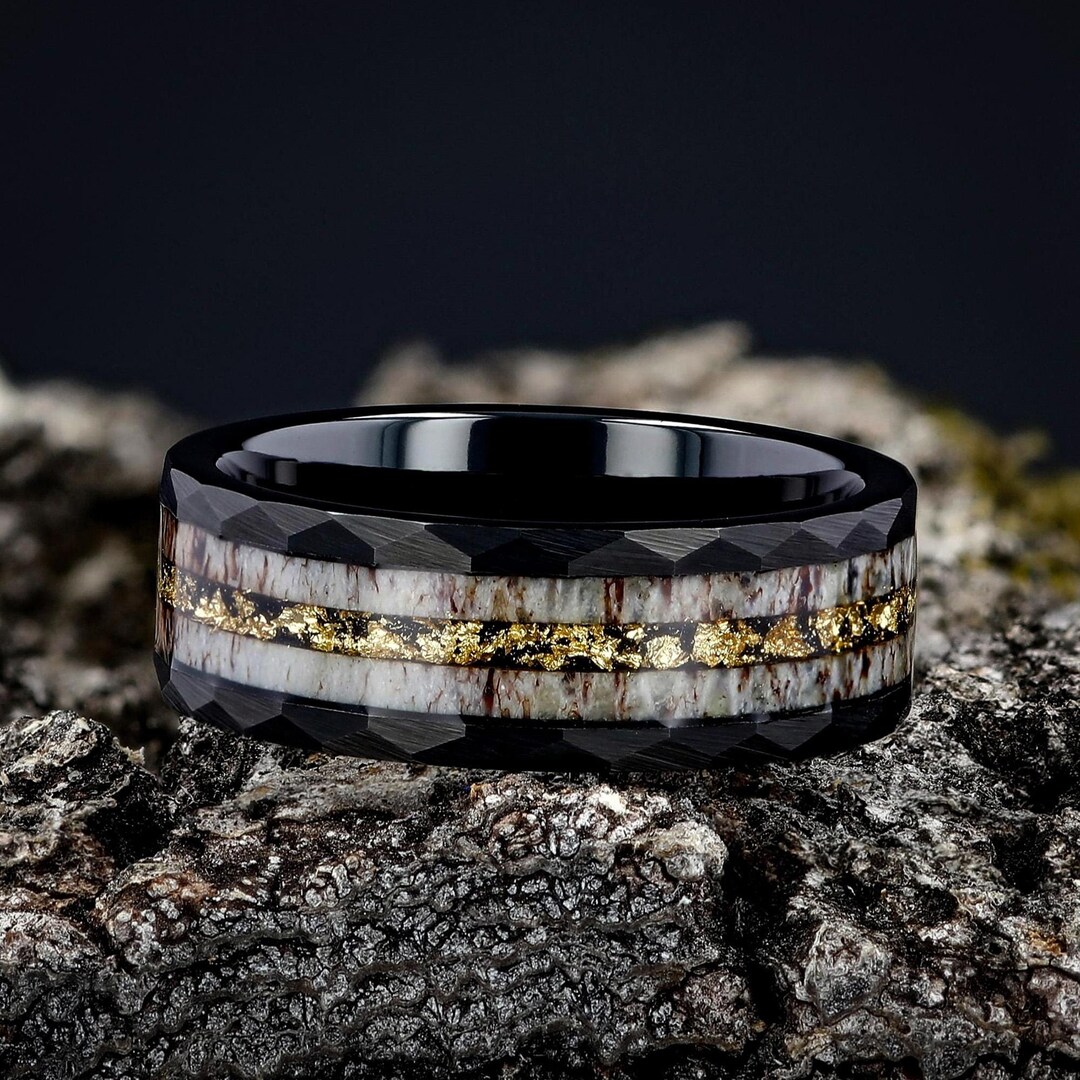 Antler Gold Leaf Flakes Wedding Band, Tungsten Ring 8mm, Men's Wedding ...
