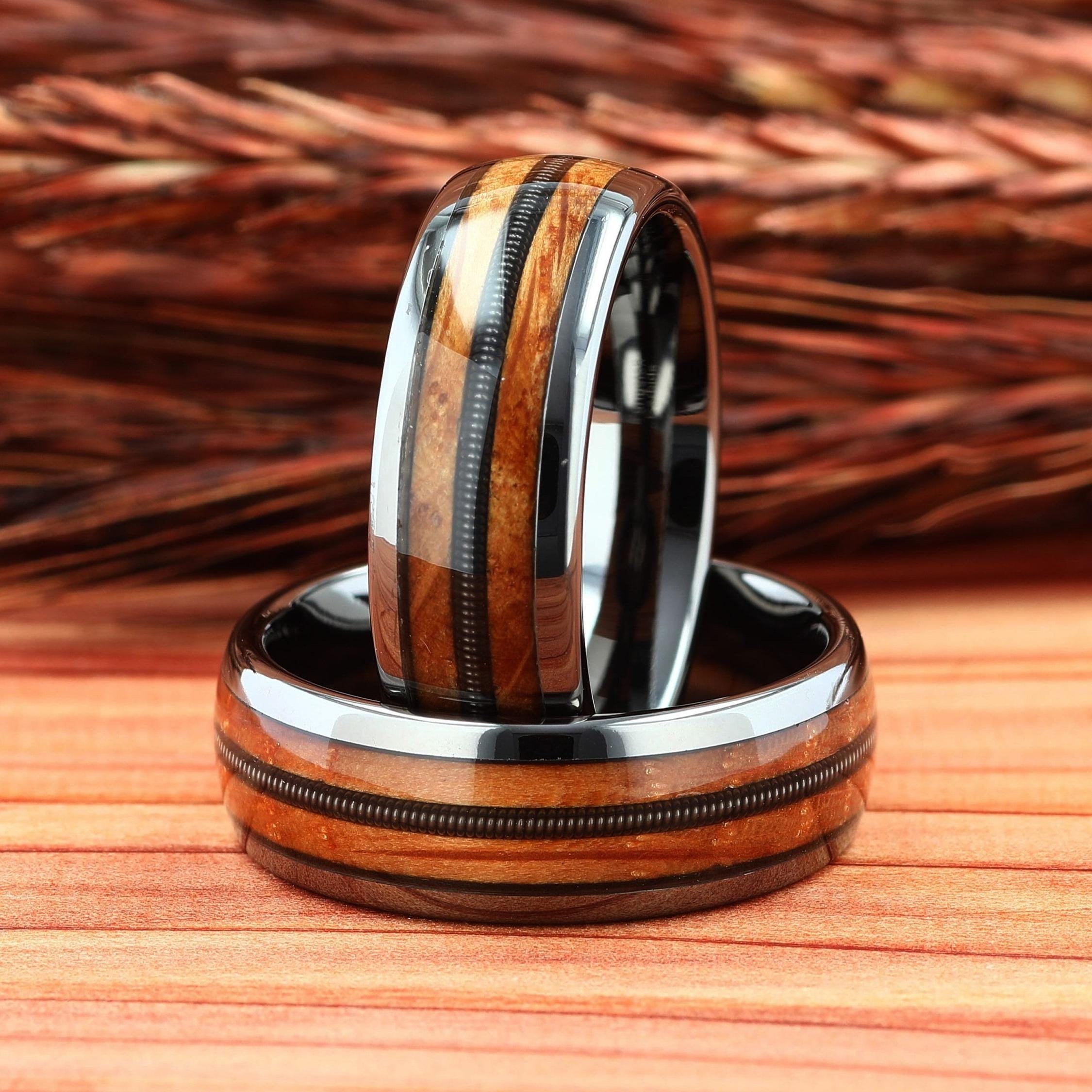 Guitar String Ring, Whiskey Barrel Wood Wedding Band, Tungsten Men ...