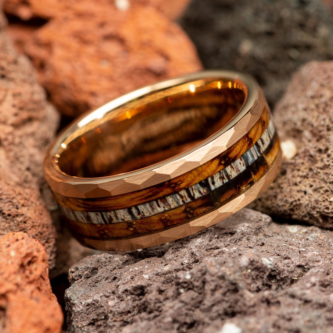 Deer Antler & Charred Whiskey Barrel Wood Mens Wedding Ring Rose Gold ...