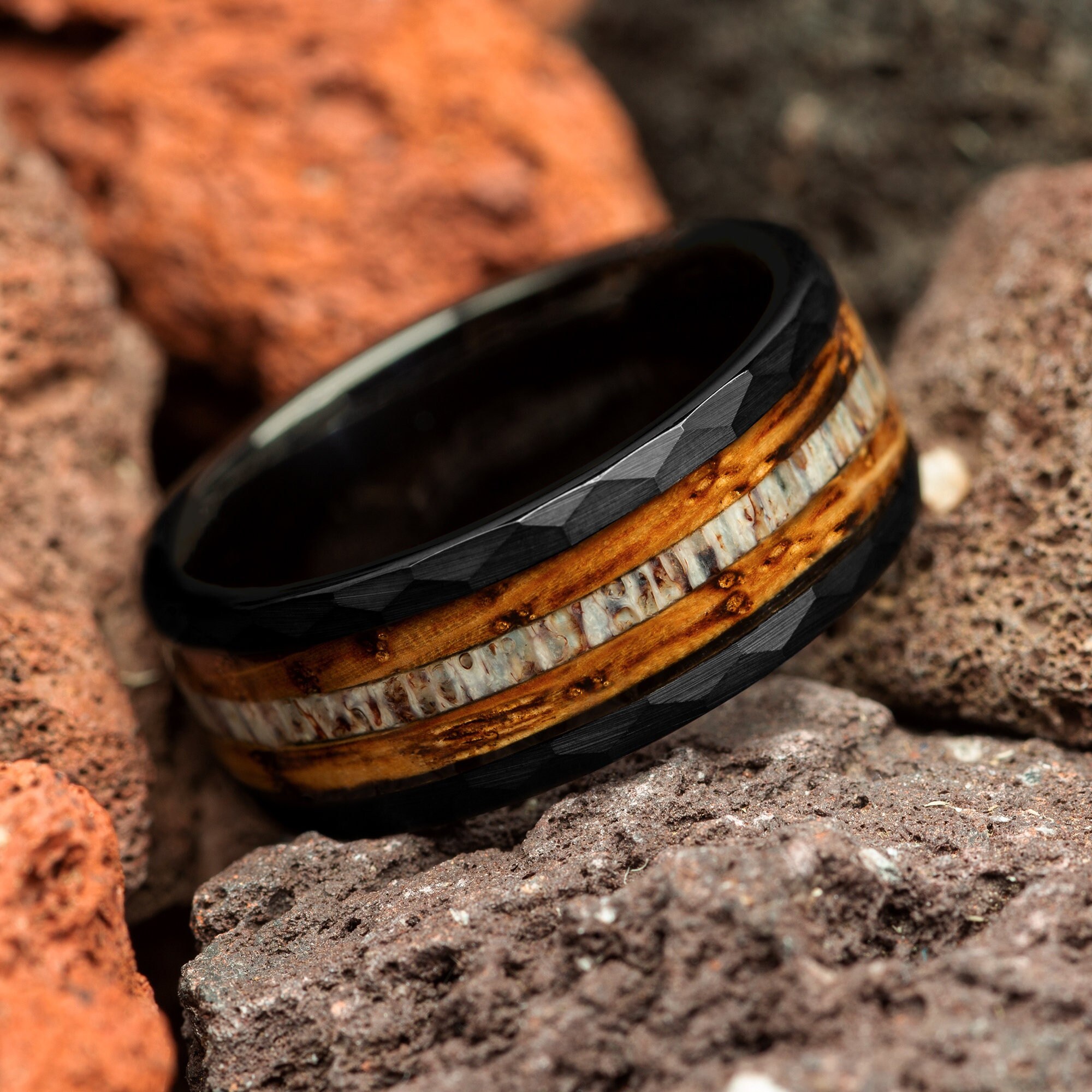 Deer Antler & Charred Whiskey Barrel Wood Mens Wedding Ring - Etsy