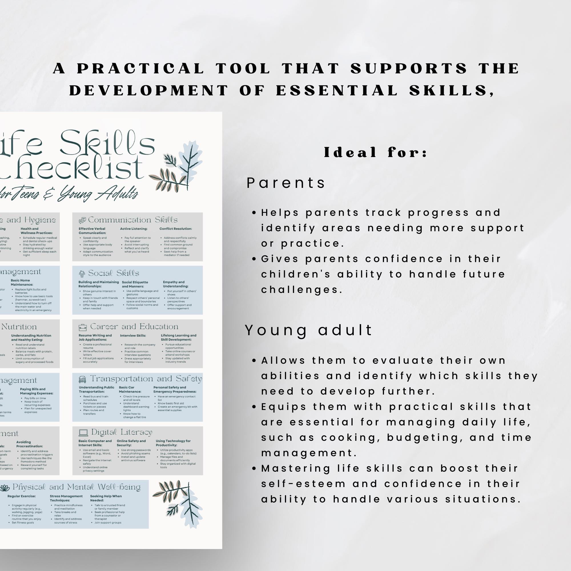 Life Skills Checklist for Young Adults, Parents and Teens, Printable ...