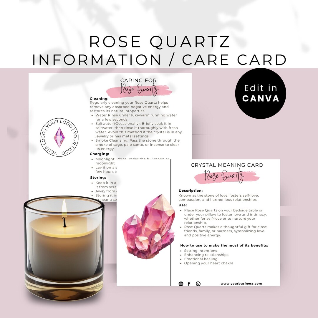 Rose Quartz Crystal Meaning Card, Rose Quartz Care Card, Editable Card ...