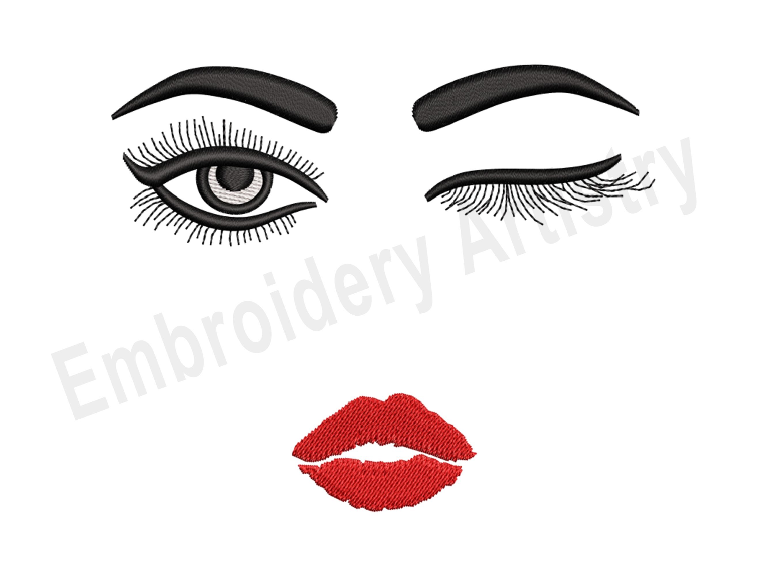 Woman Face Embroidery Design. Winking Eyes Embroidery. Eyes and Lips ...