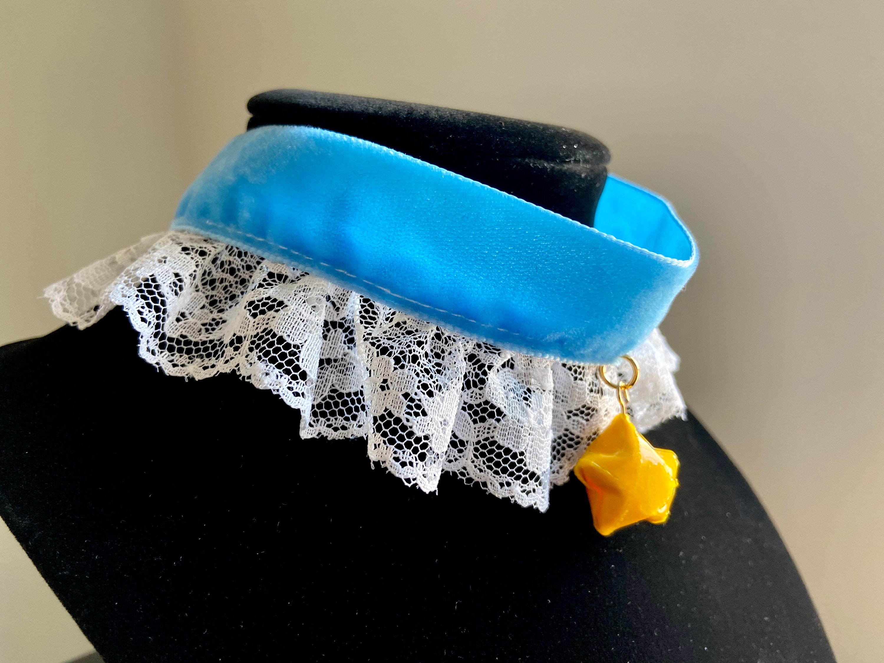 Sky Blue Velvet Lucky Star Choker With Lace, Adjustable, Gold Hardware ...