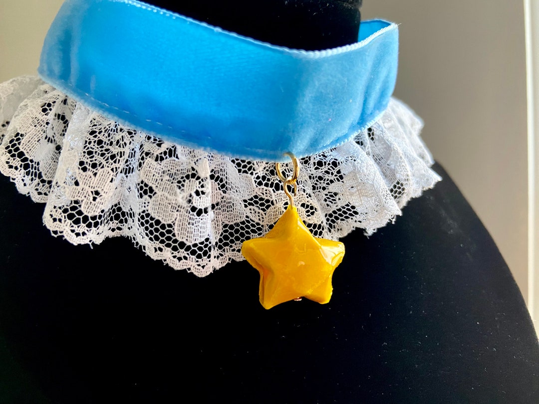 Sky Blue Velvet Lucky Star Choker With Lace, Adjustable, Gold Hardware ...